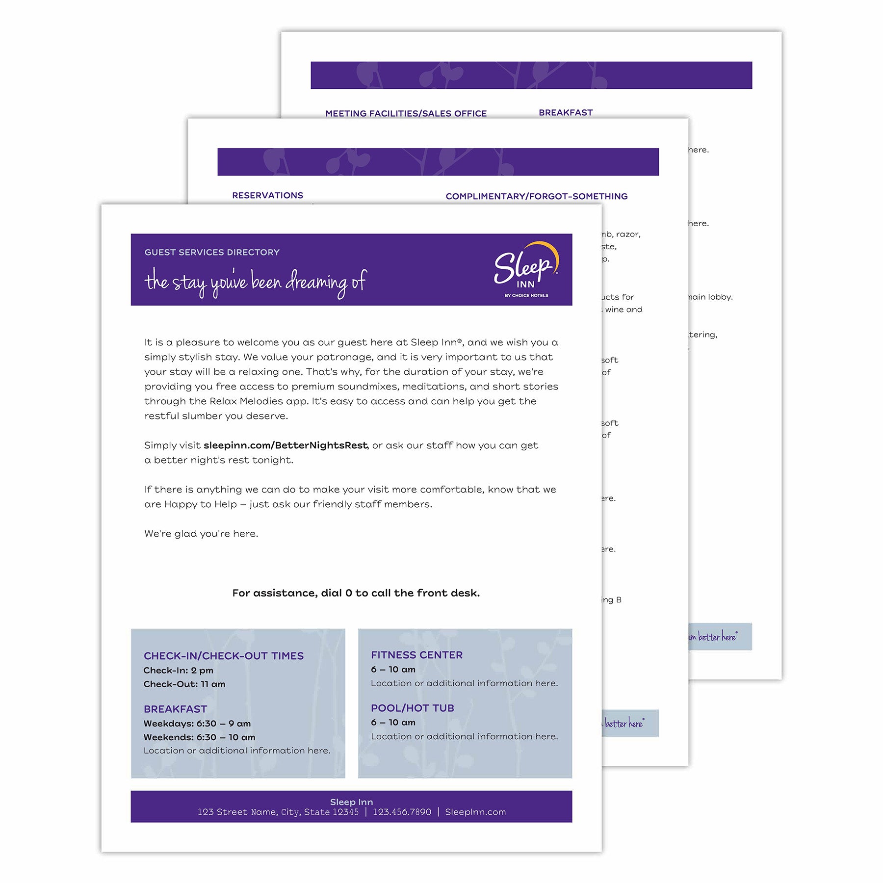 Guest Room Directory Printed Pages - Sleep Inn – Sable Hotel Supply
