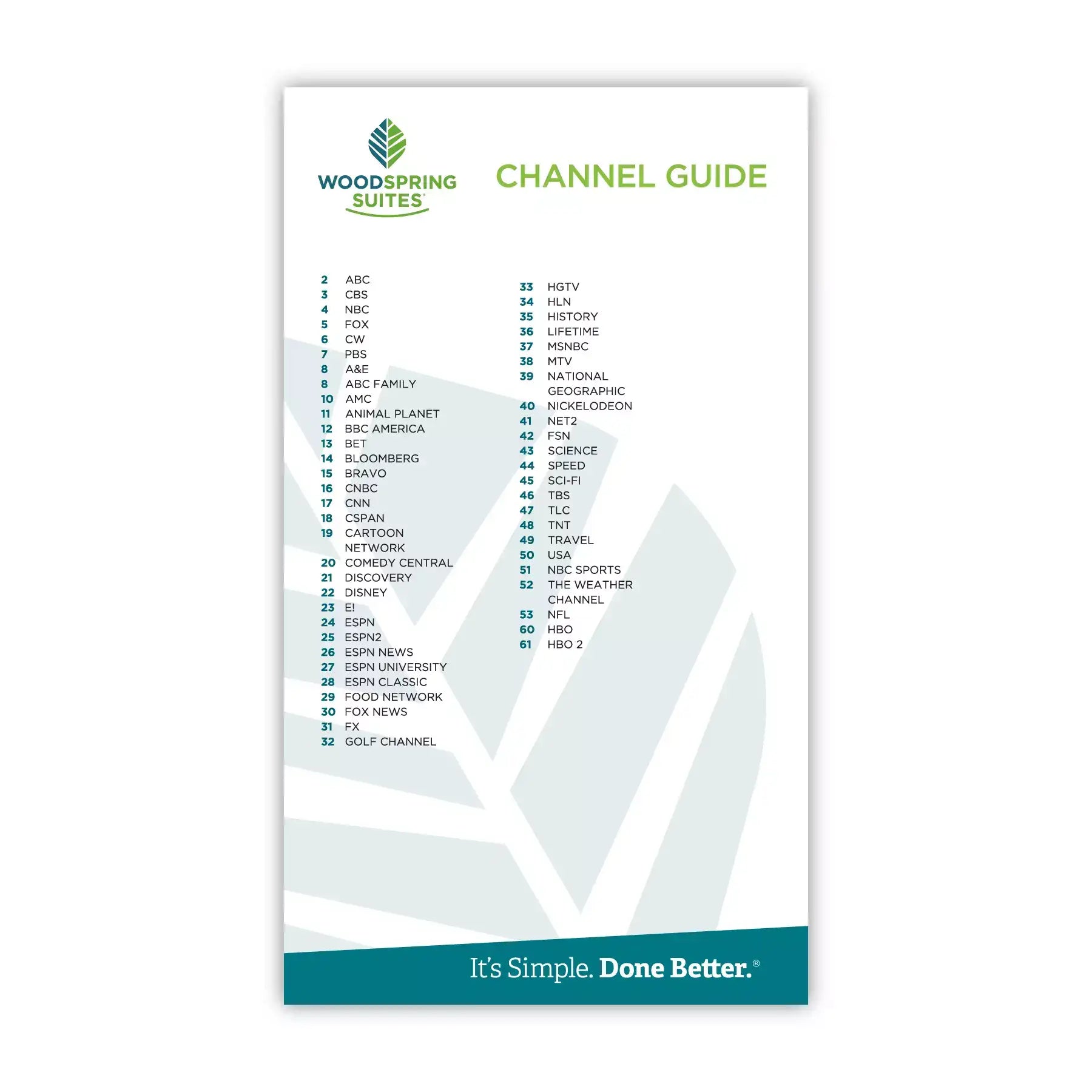 TV Channel Guide - WoodSpring Suites – Sable Hotel Supply